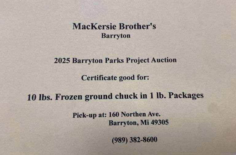 MacKersie Brother’s Barryton Gift Certifocate for 10 lbs Frozen Ground ...