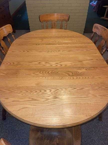 Solid Oak Pedestal Dining Table w/ Three Leaves & Six Matching Solid ...