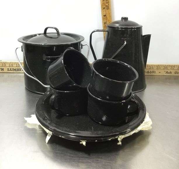 Black Speckled Enamel Outdoor Cooking Set - Sherwood Auctions