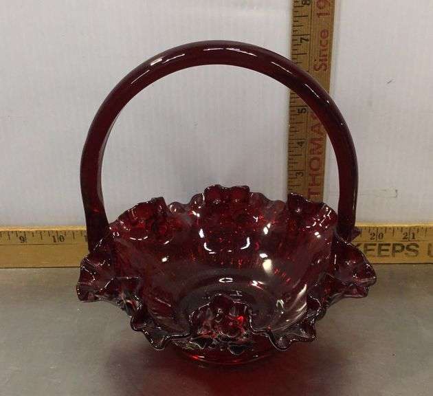 Ruby Red Fenton Thumbprint Basket - Sherwood Auctions