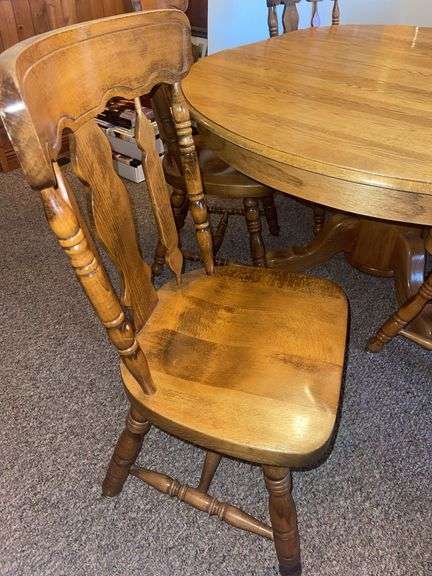 Solid Oak Pedestal Dining Table w/ Three Leaves & Six Matching Solid ...