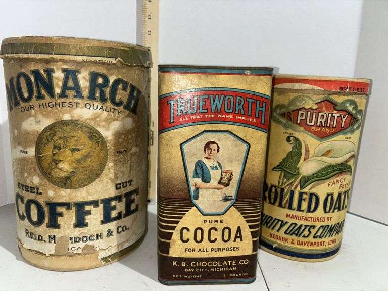 Purity Rolled Oats, Trueworth Cocoa Tin & Monarch Coffee Container ...