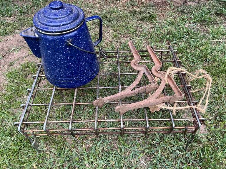 Enamelware Coffee Pot, Metal Grate & Shelf Brackets - Sherwood Auctions