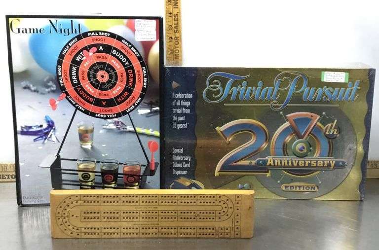 Trivia Pursuit, Game Night Dart Shots & Cribbage Board - Sherwood Auctions
