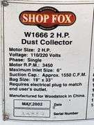 Shop Fox W1666 2 HP Dust Collector - Sherwood Auctions