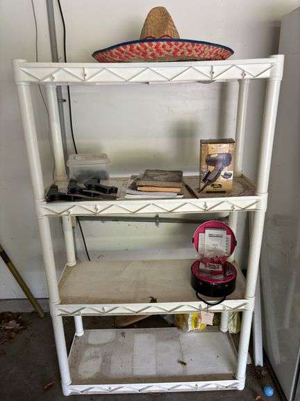 Four Shelf Plastic Storage Unit w/ Wheels, Books, Hair Dryer, Hat ...