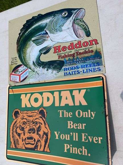 Metal Heddon Fishing Tackle & Kodiak Sign - Sherwood Auctions