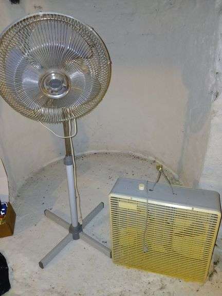 Pedestal Fan and Box Fan- both have power - Sherwood Auctions