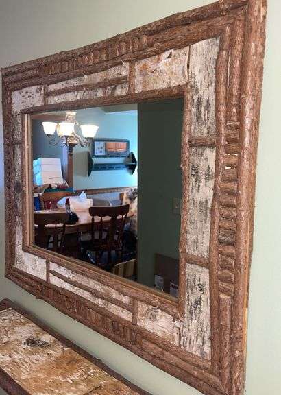 Rustic Birch Bark 31”x22” Wall Mirror & Matching 32”x8”x7” Shelf ...