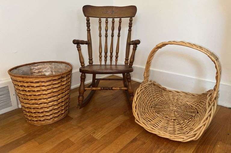 Children’s Rocking Chair (25”T,13”W,20”D), Magazine Basket & Flower ...