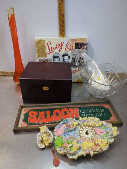 Saloon Mirror Sign, Punch Bowl, Napkin Holders, Orange Glass Vase ...