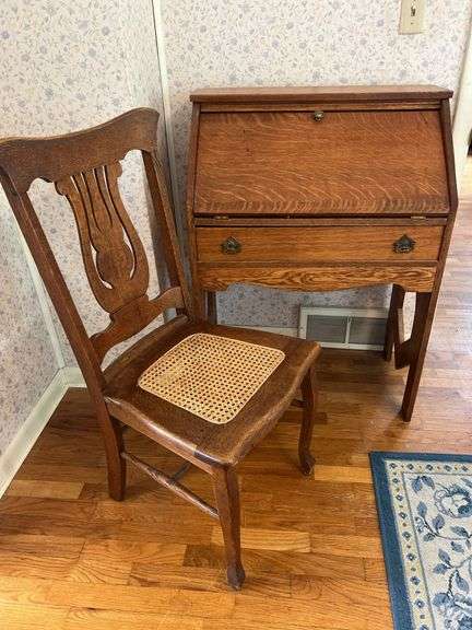 Secretary Desk (39”T,29”L,16”D) & Caned Chair - Sherwood Auctions