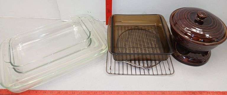 Pyrex Baking Dishes, Brown Glazed Bean Pot + Cooling Racks - Sherwood ...
