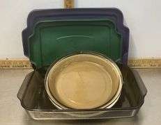 Pyrex Pie Plate & 9 x 13 Pan, Anchor Hocking Covers & Enamelware Plate ...
