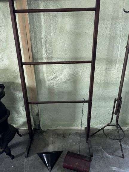 Blanket/Quilt Wooden Rack 64”T X 30”W & Two primitive Metal Dustpans ...