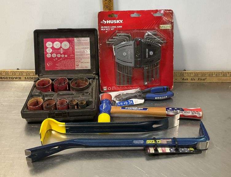 Hole Saws, Hex Key Set, Pry Bars, Pliers & Mallet - Sherwood Auctions