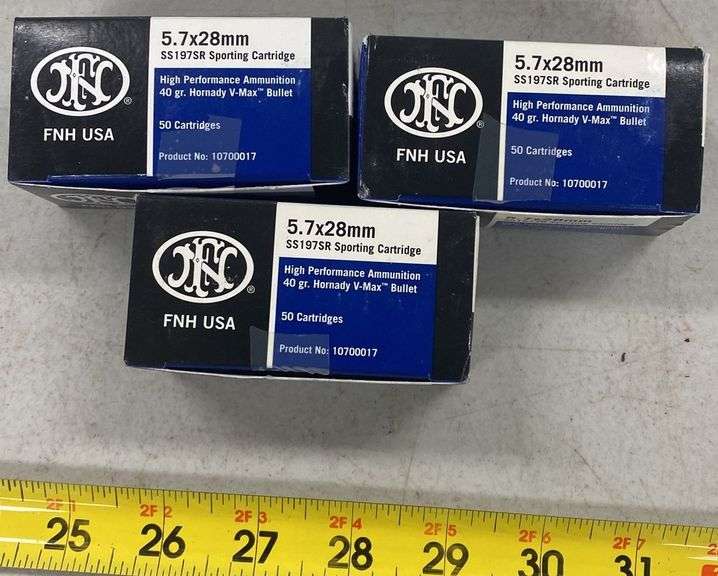 3 Boxes (150 Cartridges) FN 5.7x28 SS197SR 40 GR Hornady V-Max Bullet ...