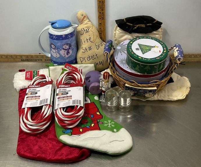 Snoopy Stocking, (2) Extension Cords, Basket with Ceramic Decorations ...