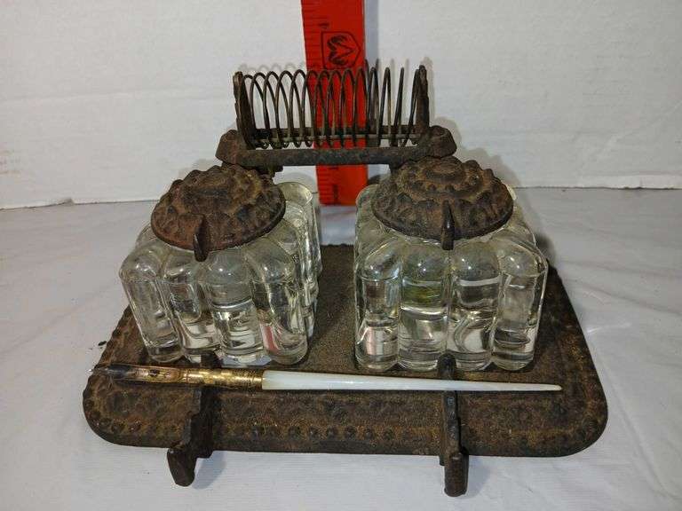 Victorian Tatum's Dual Postal Cast Iron Ink Stand with Two Crystal ...