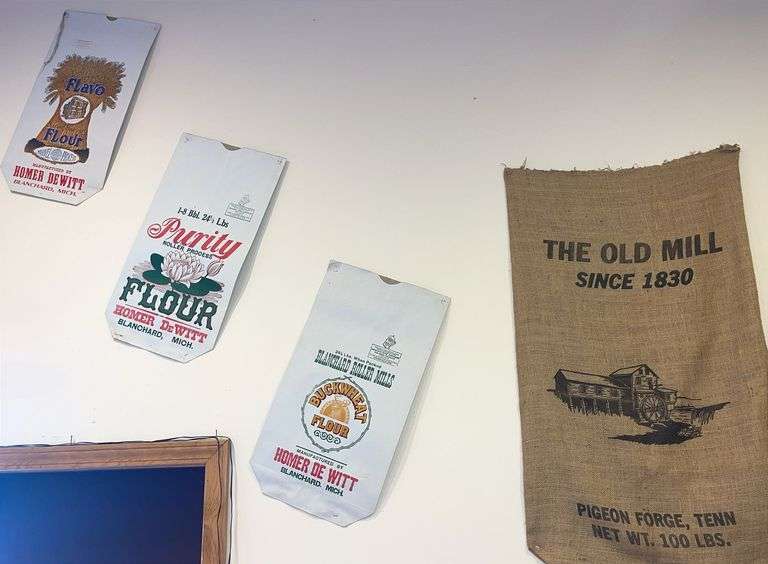Burlap "The Old Mill" Sack & Three Flour Sacks from Blanchard Roller ...