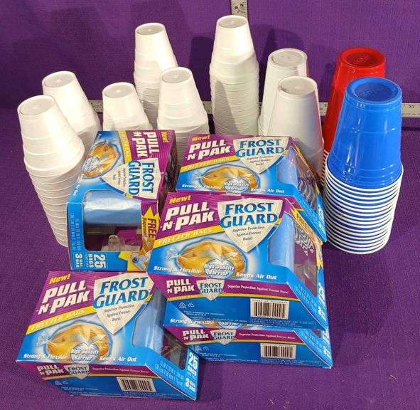 Seven Boxes of Freezer Bags, Red White and Blue Solo Cups + Styrofoam ...