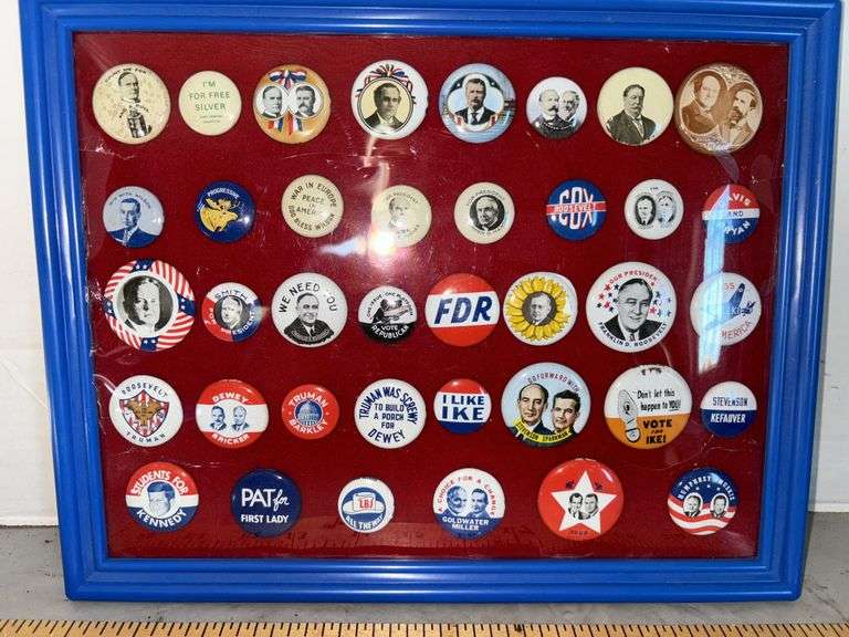 Vintage Campaign Button’s in Frame - Sherwood Auctions