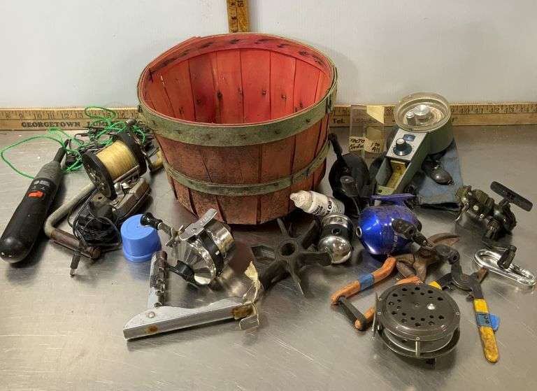 Basket of Fishing Reels & Some Tools - Sherwood Auctions