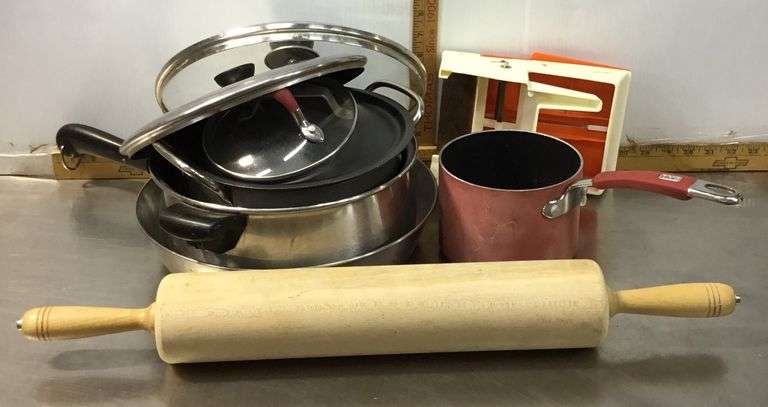 Large Wooden Rolling Pin, Mandolin and Pans With Lids - Sherwood Auctions
