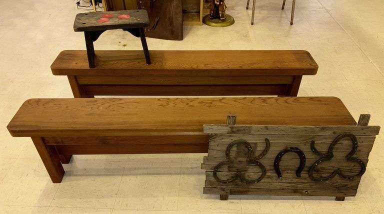 5 ft. Wood Benches, Apple 15” Bench & Horse Shoe Sign - Sherwood Auctions