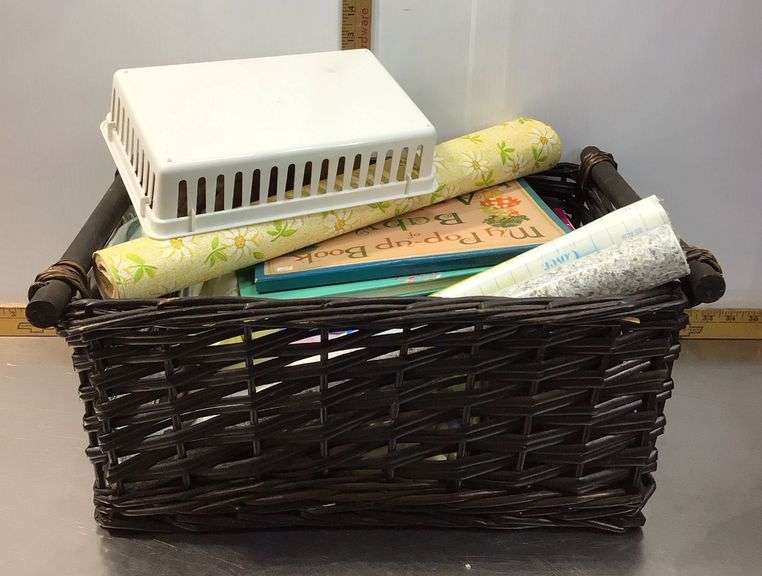 Basket With Napkins, Tablecloth, Contact Paper, Household Items, Books ...