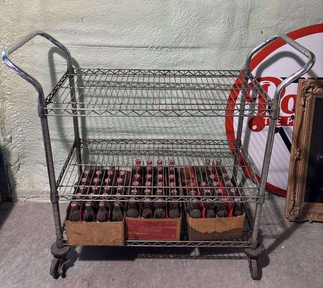 Metal Three Shelf Cart on Wheels w/ Coca-Cola Bottles 41” T X 45”W X18 ...