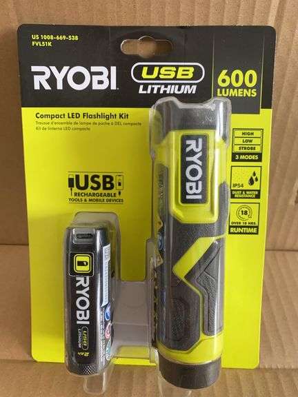 RYOBI Compact LED Flashlight. 600 Lumens, Rechargeable, Battery ...