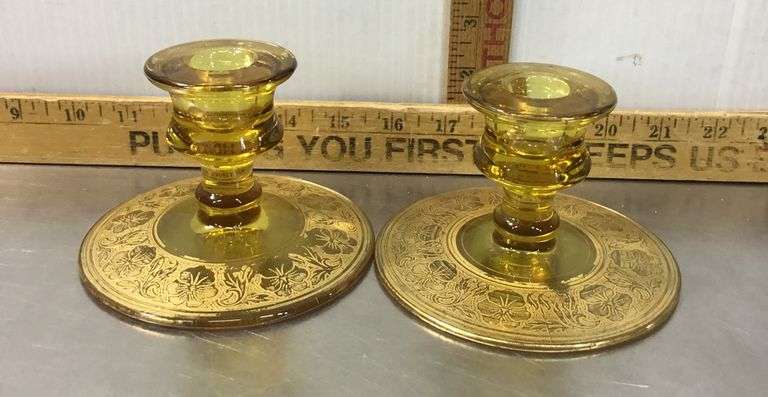 Vintage Amber Depression Glass Candle Holders With Etched Floral ...