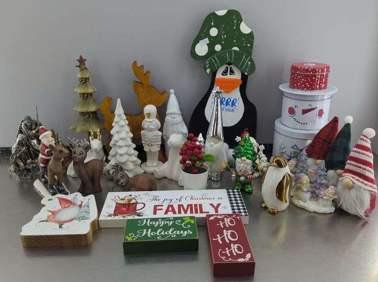 Christmas Decor, Signs, Figurines, Gnomes, Snowman Tin, Penguins ...