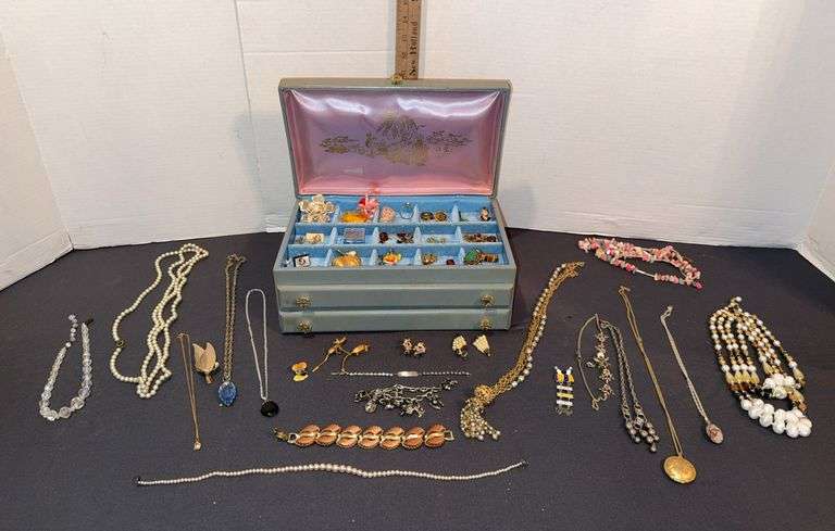Assortment of Necklaces, Bracelets, Earrings & Pins w/ Jewelry Box ...