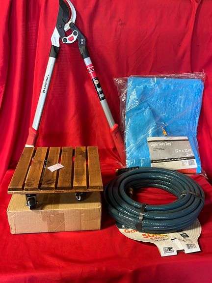 Box With Misc Garden Items Including- (2) 12” Square Wood Plant Candy ...