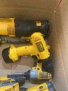Box of Assorted Dewalt Battery Powered Hand Tools, Drills, Sawzall, Compact Reciprocating Saw ...