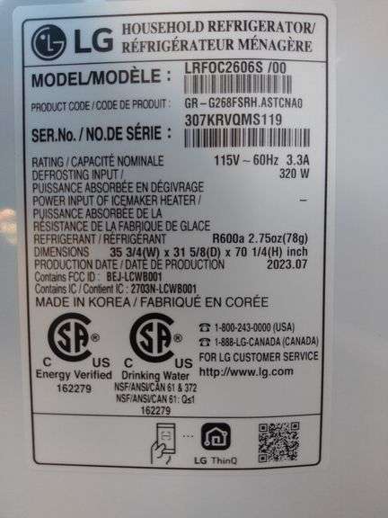 LG French Door Refrigerator (LRFOC2606S) - Sierra Auction Management Inc