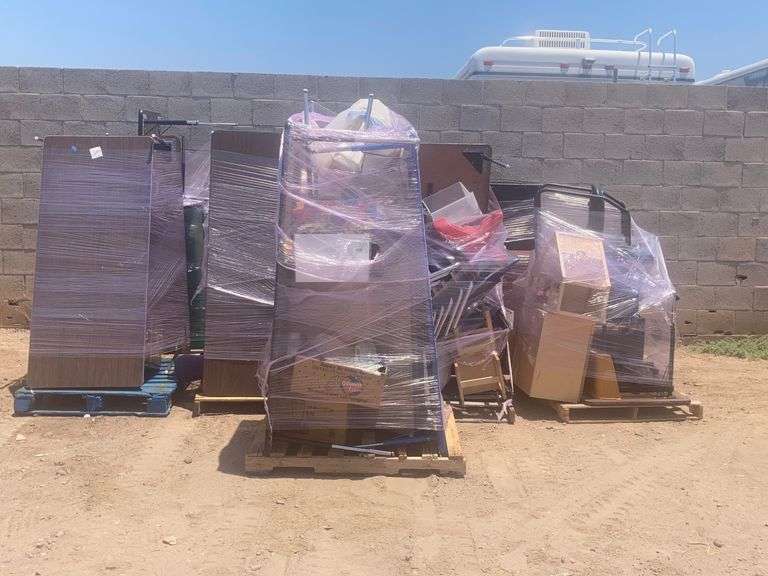 Seven pallets with assorted tables, desks, toys, playsets and stackable ...