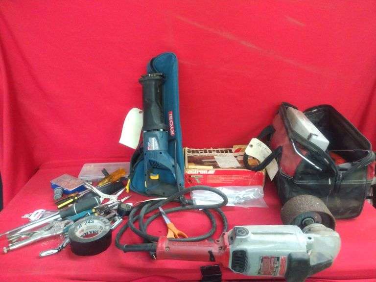 Box of Assorted Tools Including Tools Bag, Wrenches, Milwaukee Angle ...