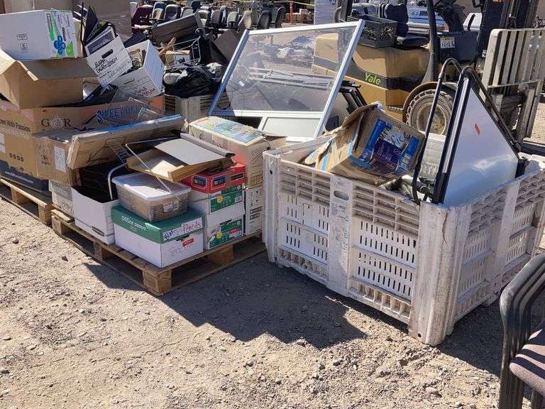 Five pallets with large quantity of office supplies and salvage ...
