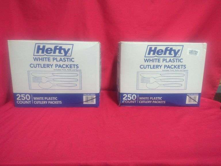 Two Boxes With White Plastic Cutlery Packets Includes Forks, knife And ...