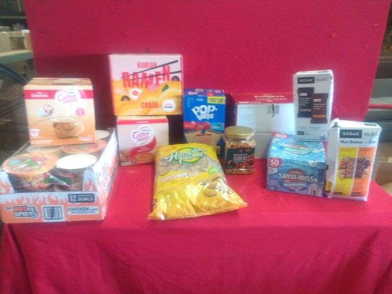 Box Of Assorted Food Consumables Such As Swiss Miss Hot Cocoa Mix ...