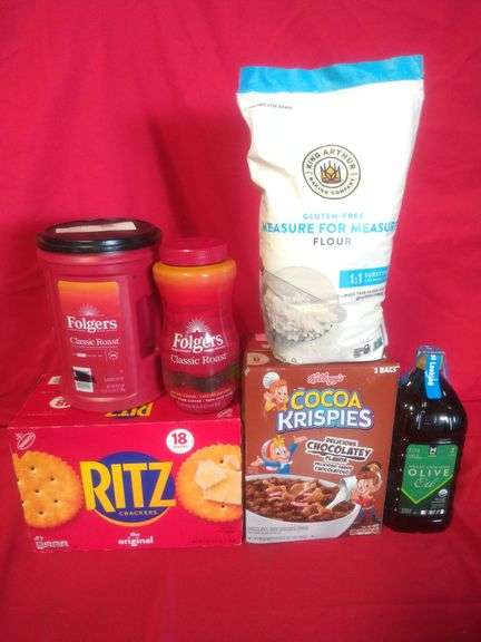 Box of Assorted Foods including Folgers Classic Roast, Ritz Crackers ...