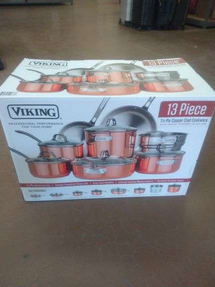 Viking 13-Piece Tri-Ply Copper Clad Cookware With Vented Tempered Glass ...