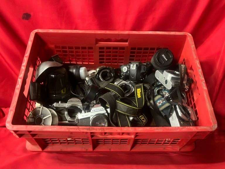Plastic Case With Large Group of Assorted Cameras and Lenses Including ...