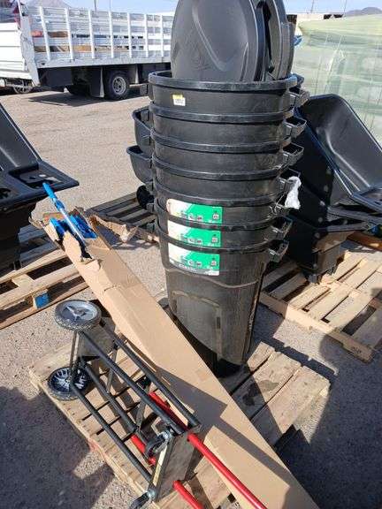 (7 Qty) 32Gal Trash Cans, (1 Qty) Milwaukee Dolly, (10 Qty) Unger 12 ...