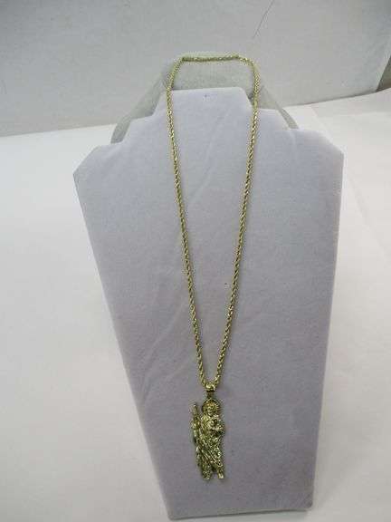 10k YG Rope Chain 24" w/Saint Pendant 15.1g - Sierra Auction Management Inc