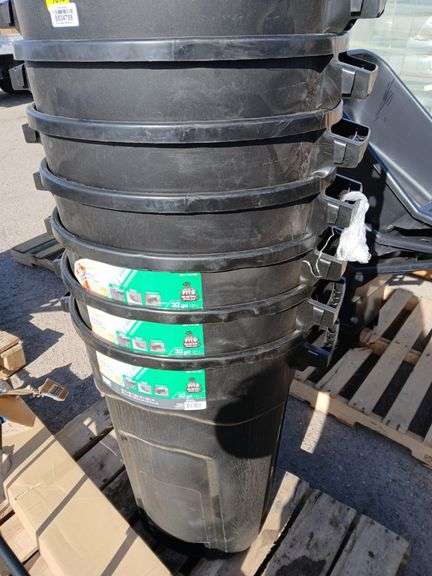 (7 Qty) 32Gal Trash Cans, (1 Qty) Milwaukee Dolly, (10 Qty) Unger 12 ...