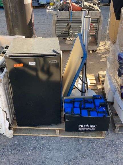 Mini fridge, security safe, retractable line barrier poles and assorted ...